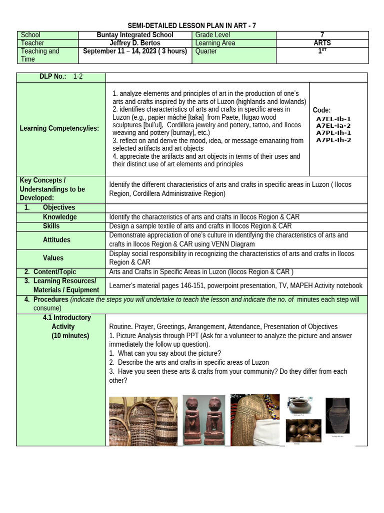 Grade 7 Art Lesson Plan: Luzon Crafts | PDF | Arts And Crafts Movement ...