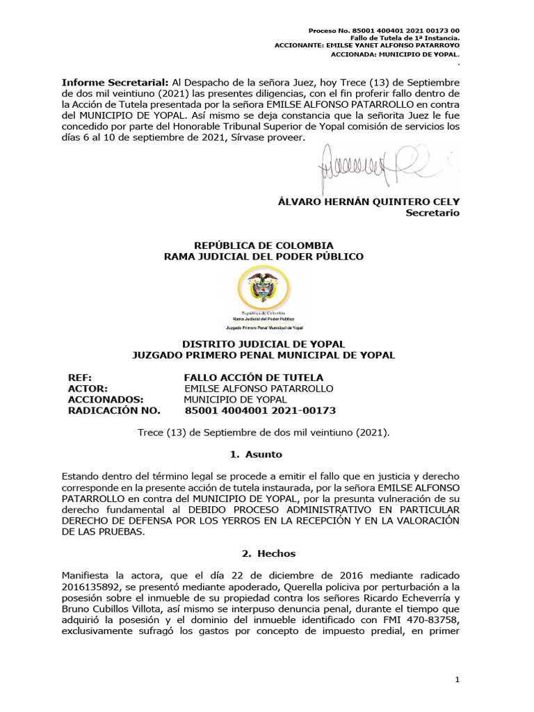 Fallo Tutela Debido Proceso 2021-00173 | PDF | Caso de ley | Policía