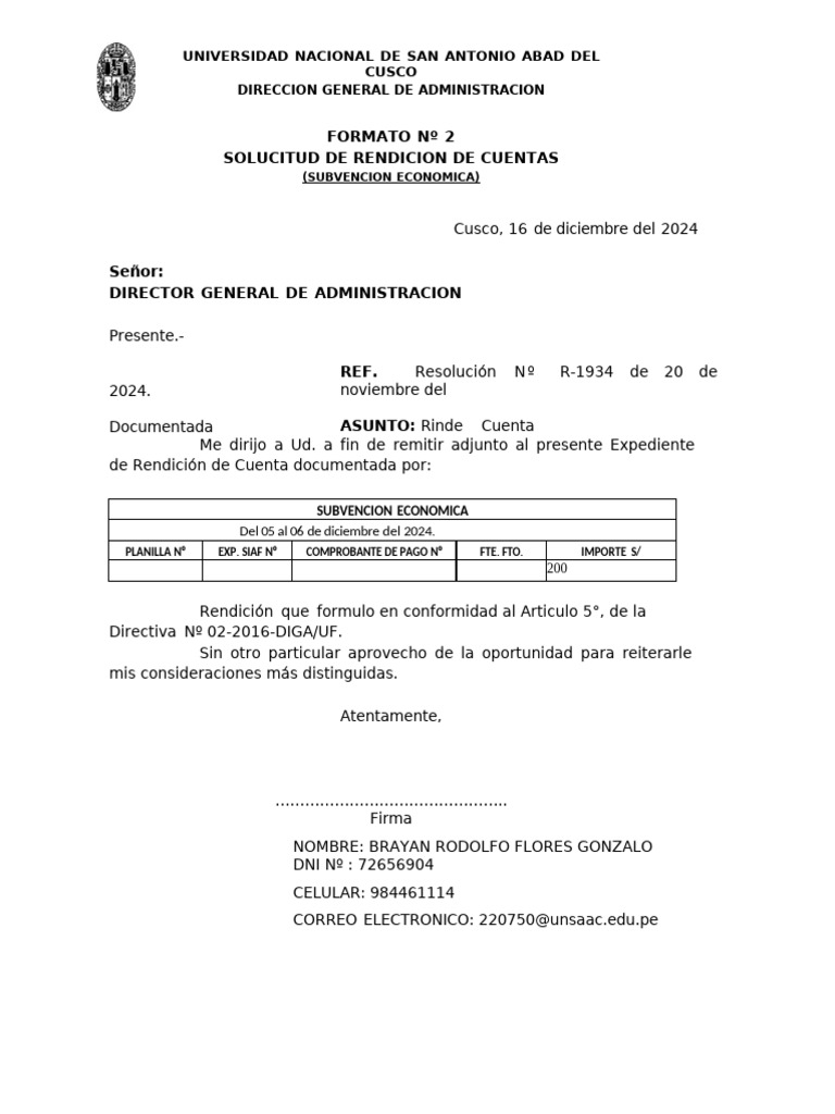FORMATO Nº 2 - RENDICION DE CUENTAS BRAYAN | PDF