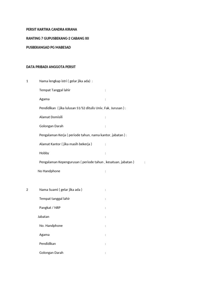 Data Pribadi Persit KCK | PDF