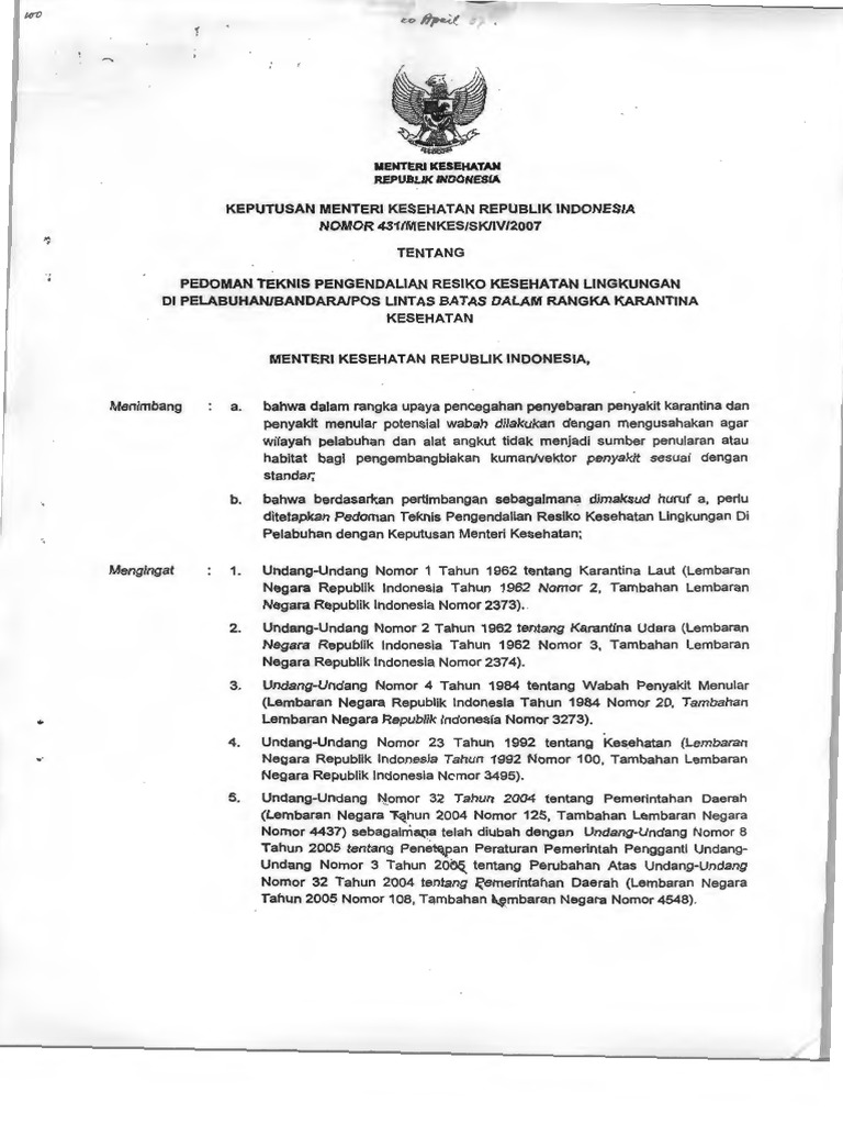 KMK No. 431-MENKES-SK-IV-2007 TTG Pedoman Teknis Pengendalian Resiko Kesehatan | PDF