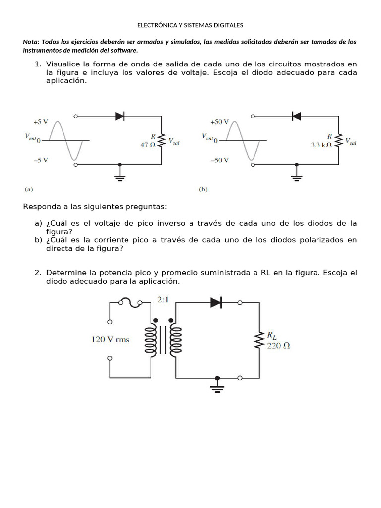 EJERCICIOS CON DIODOS | PDF | Diodo emisor de luz | Red eléctrica