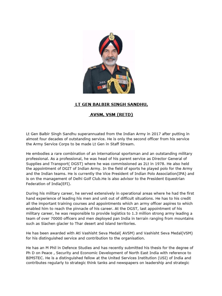 Lt Gen Balbir Singh Sandhu: Career Overview | PDF