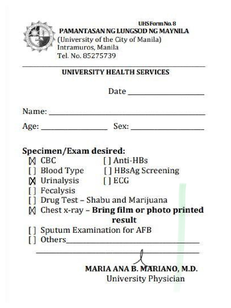 UHS Form 8 Laboratory Request Form CXRCBCUA | PDF
