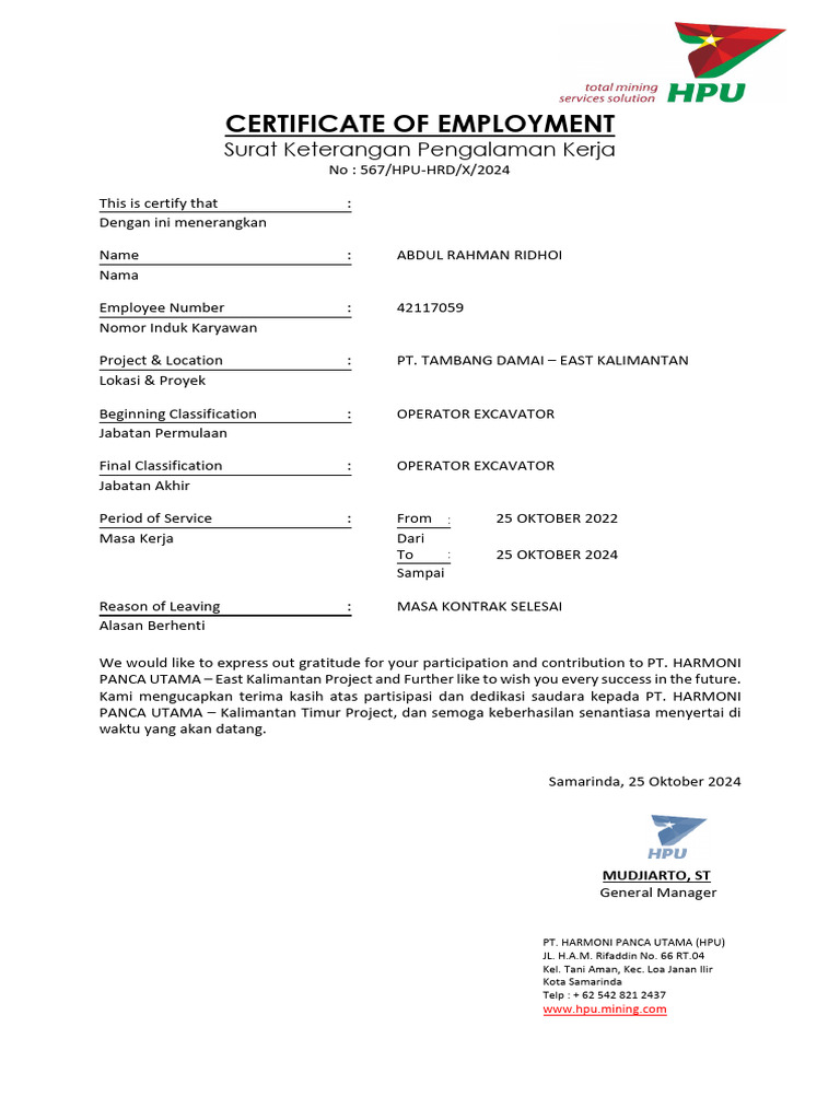 Surat Keterangan Pengalaman Kerja PT. HPU aBDUL 3_030819 | PDF