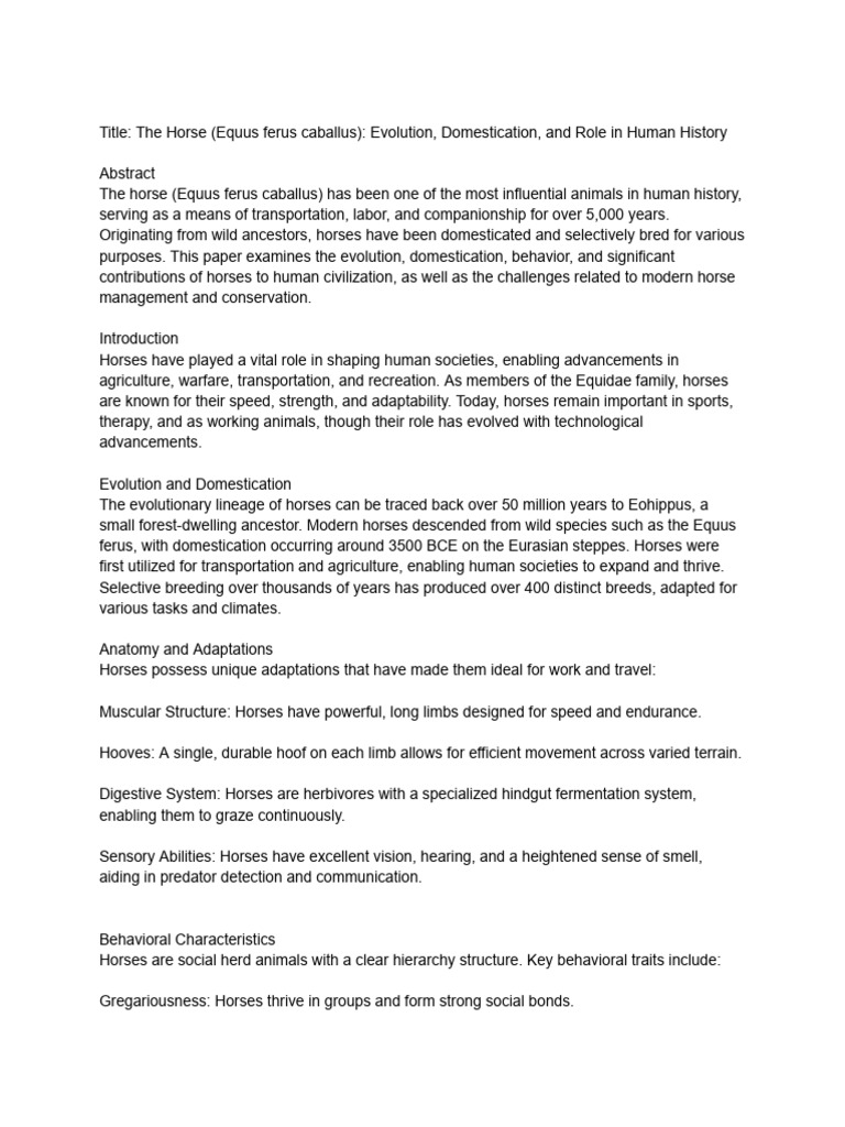 The Horse (Equus Ferus Caballus) Evolution, Domestication, and Role in ...