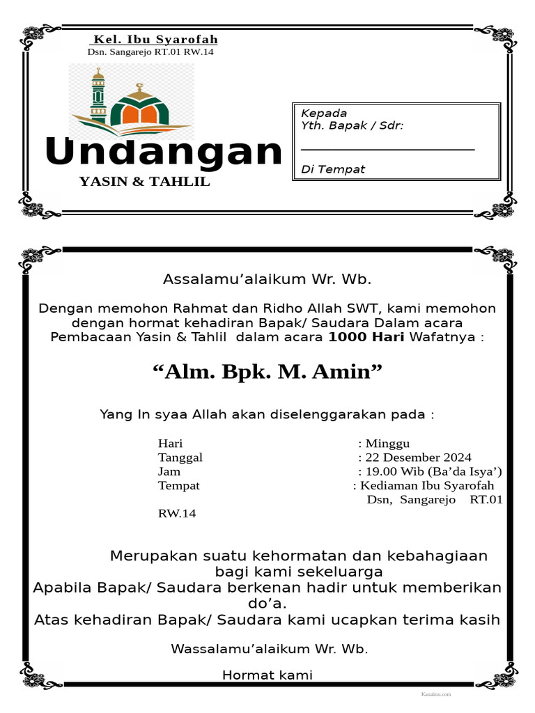 Undangan tahlil Pendak 1 | PDF