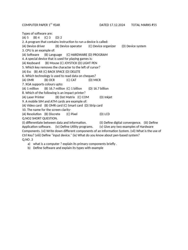 Paper 1st Year Dated 17.12.2024 | PDF