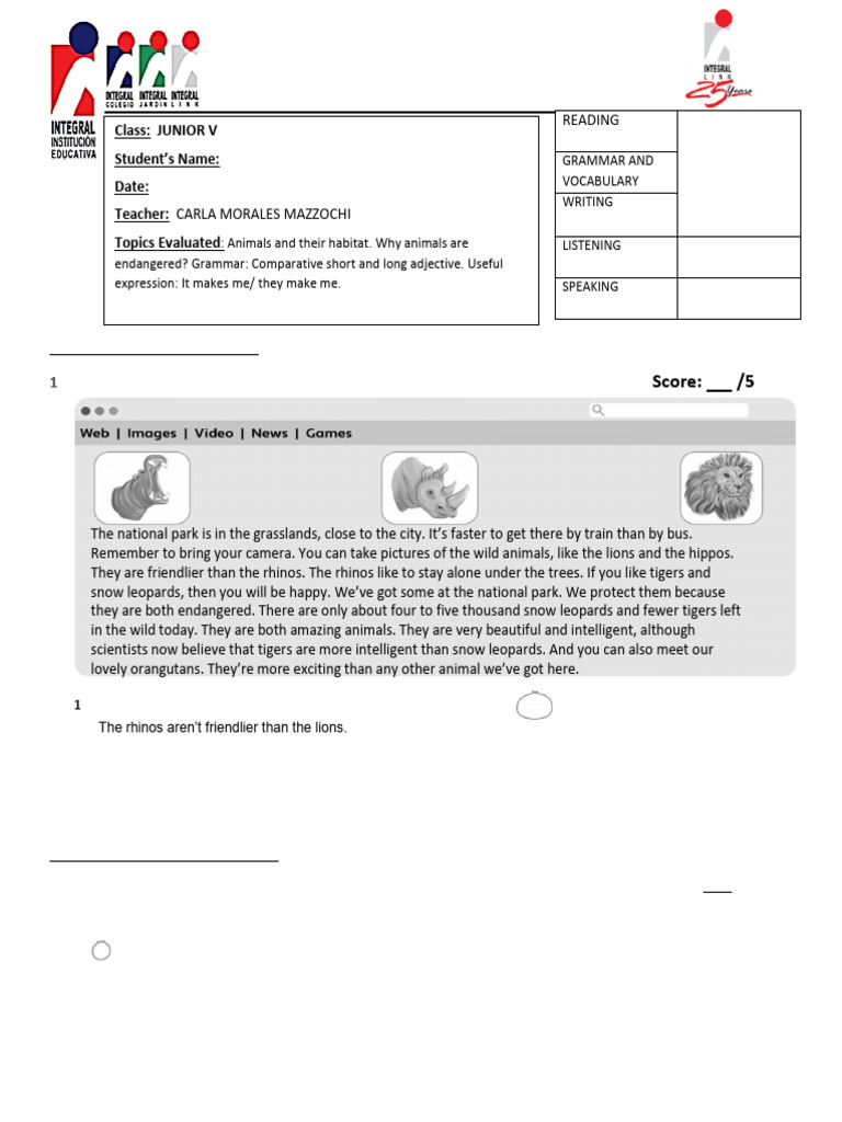 JUNIOR V TEST- UNIT 2 | PDF | Endangered Species | Tiger