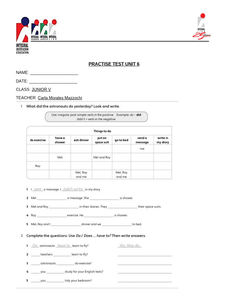 Junior V Test - Unit 6 | PDF