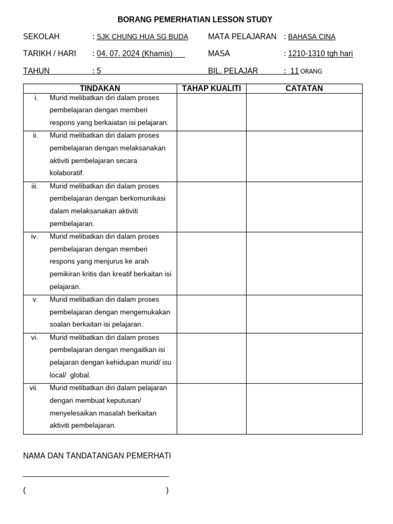 BORANG PEMERHATIAN LESSON STUDY 2024 | PDF