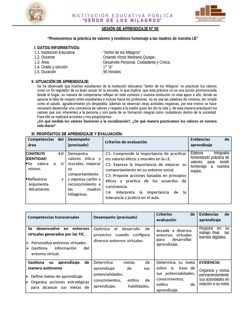 12 DE MAYO SESIÓN DE APRENDIZAJE DPCC 5° A, B, C, D 2023 | PDF | Evaluación | Aprendizaje
