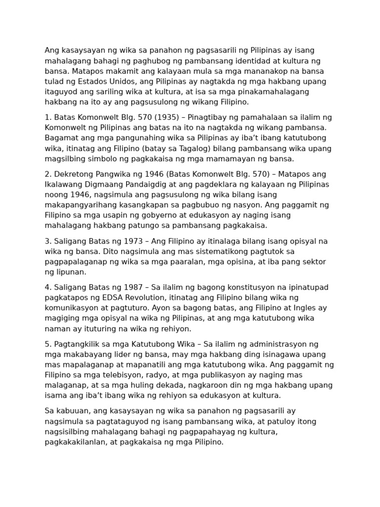 Kasasayan NG Wika Sa Panahon NG Pagsasarili | PDF