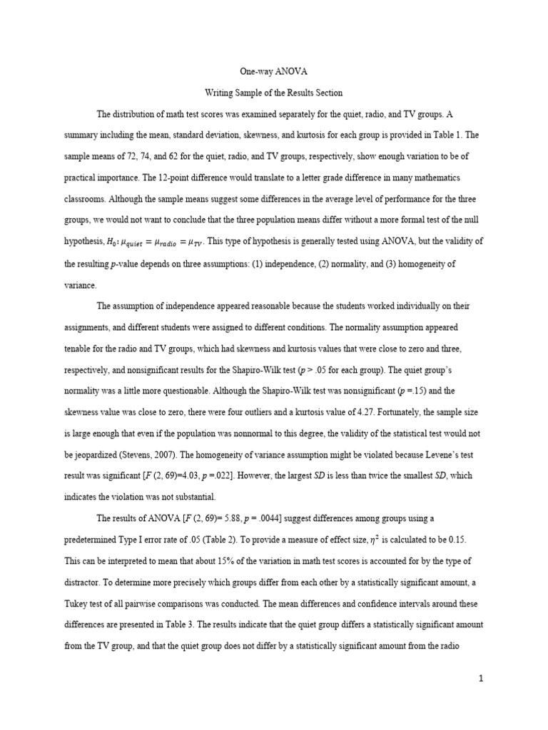 Writing Sample For One-Way ANOVA | PDF | Analysis Of Variance | Normal ...