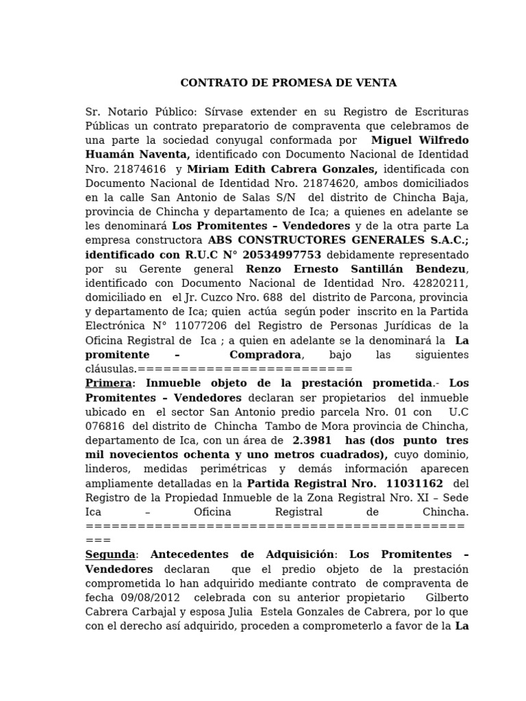 Contrato de Promesa de Venta | PDF