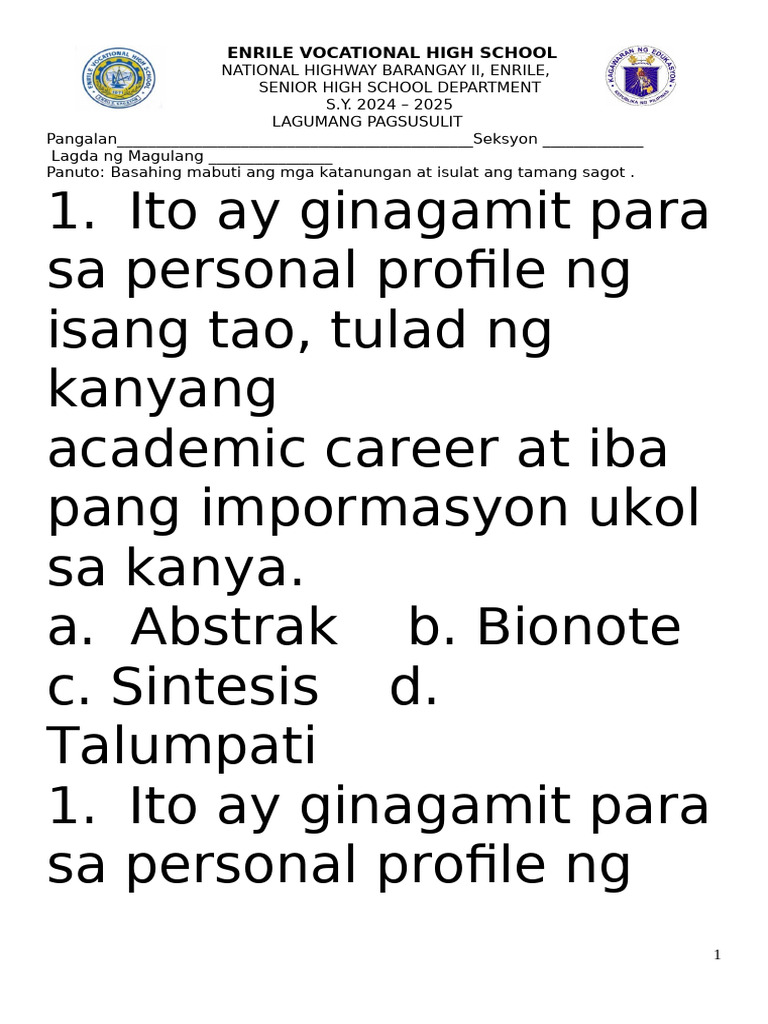 1st Summative Piling Larangan 2024 | PDF