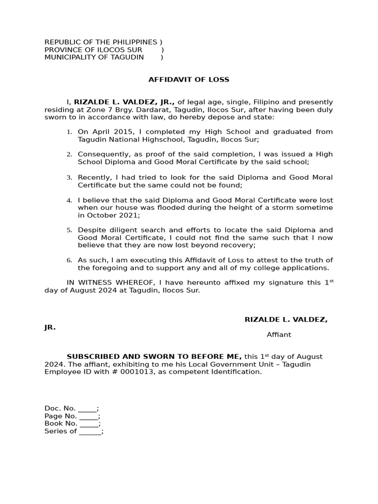 Affidavit of Loss Diploma | PDF
