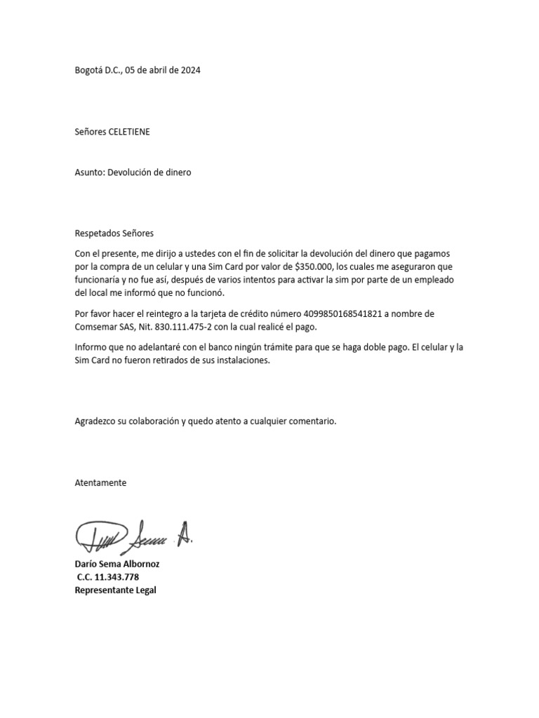 Carta Devolucion | PDF