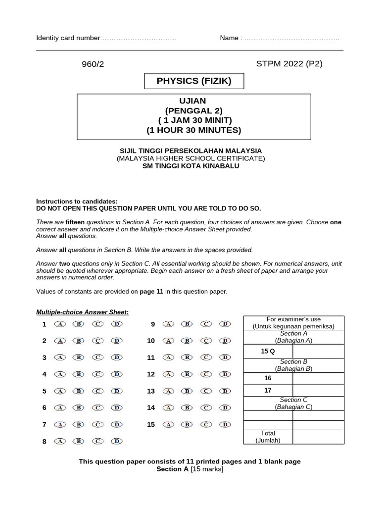 STPM 2022 Physics Paper 2 Exam Guide | PDF | Capacitor | Electrical Resistivity And Conductivity