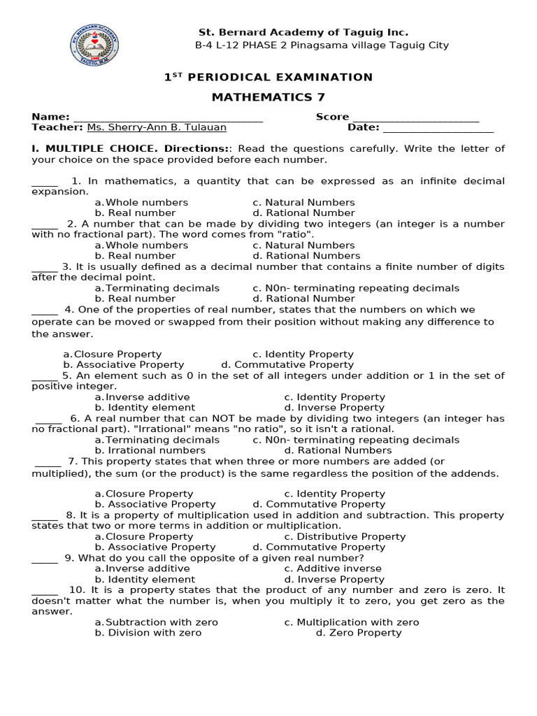 MATHEMATICS 7 PERIODIC | PDF | Numbers | Rational Number