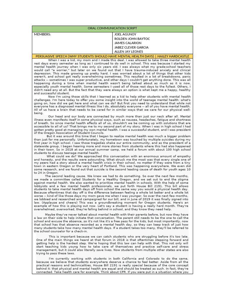 Oral Communication Script | PDF | Mental Health | Mental Disorder