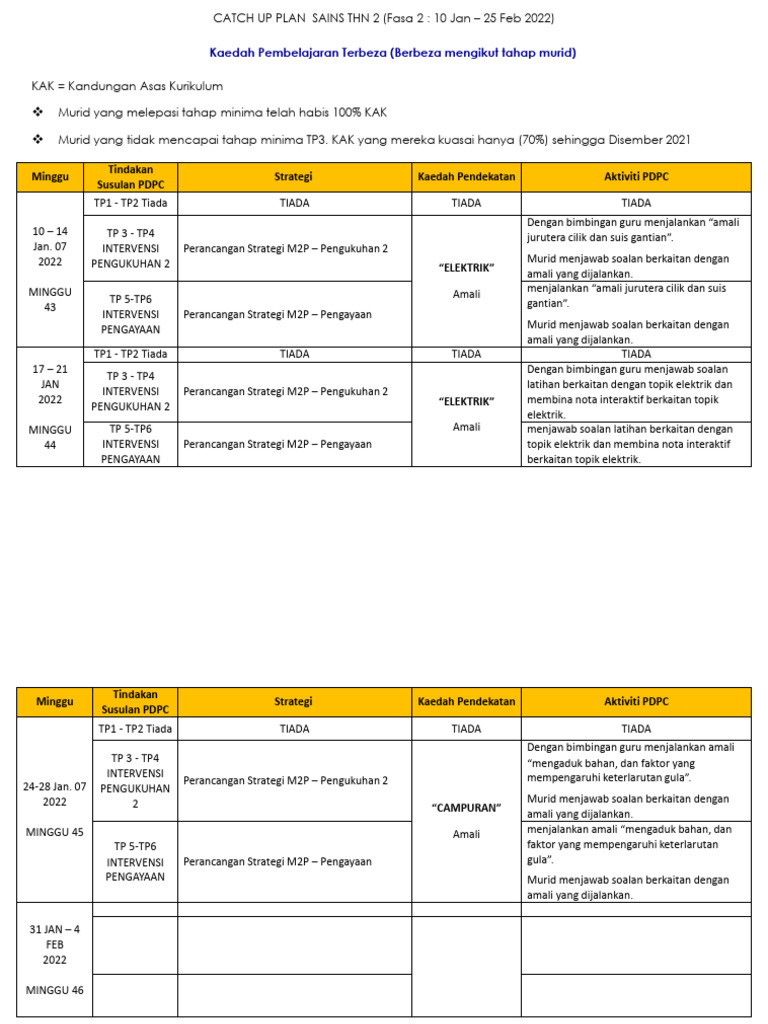 Catch Up Plan Year 2 | PDF