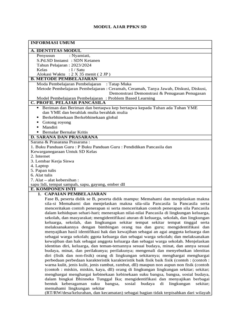 Modul Ajar Pendidikan Kewarganegaraan Kelas I Terintegrasi PRLH Kebersihan Sanitasi Dan Drainase ...