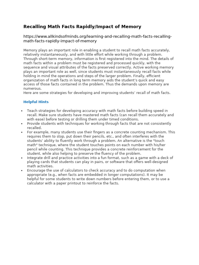 Recalling Math Facts Rapidly | PDF