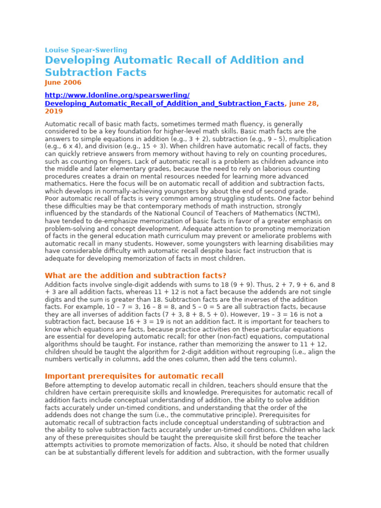 Fast Strategies for Math Recall in Kids | PDF | Cognition | Cognitive ...