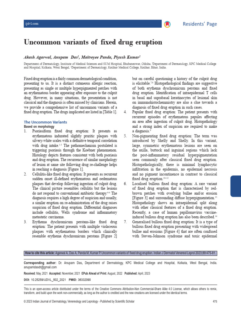 Uncommon Variants of Fixed Drug Eruption | PDF | Drugs | Cutaneous ...