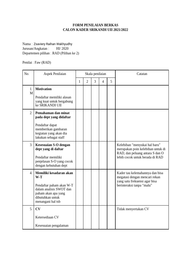 (Form) Penilaian | PDF