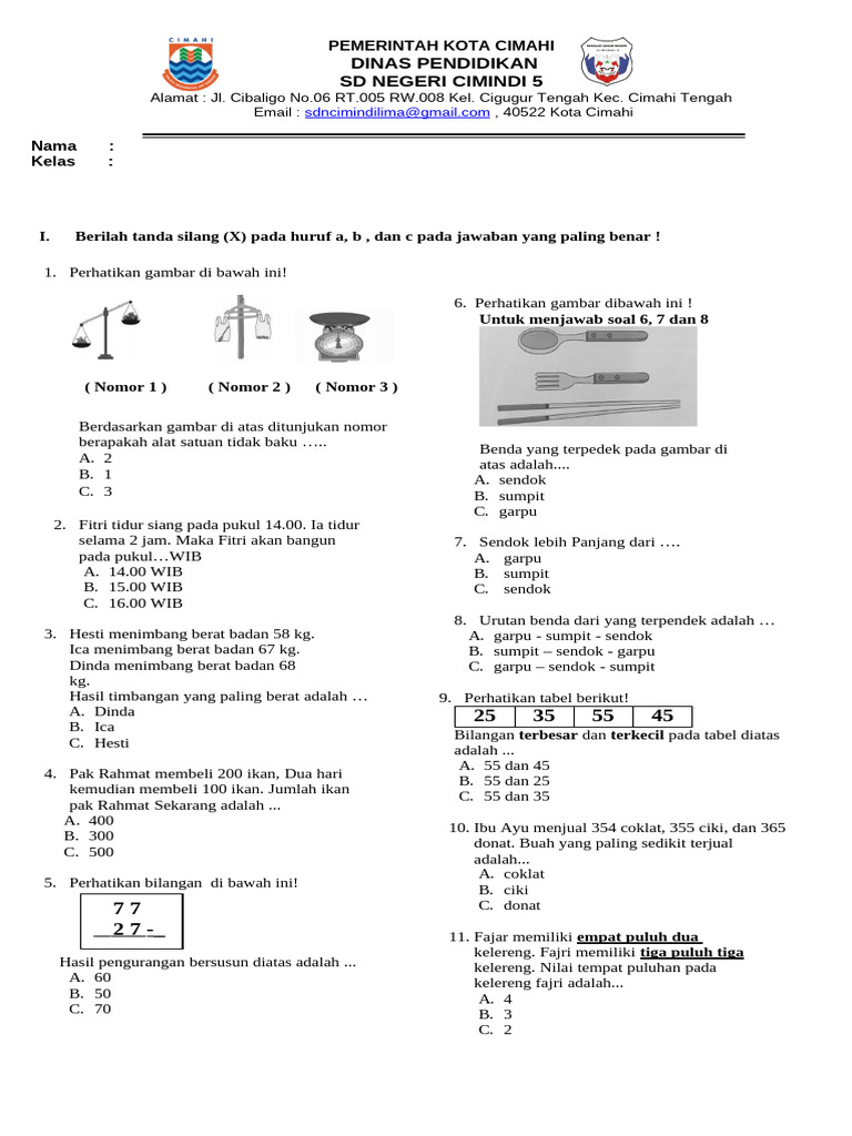 Soal MTK Sas KLS 2 SMSTR 1 2024 | PDF
