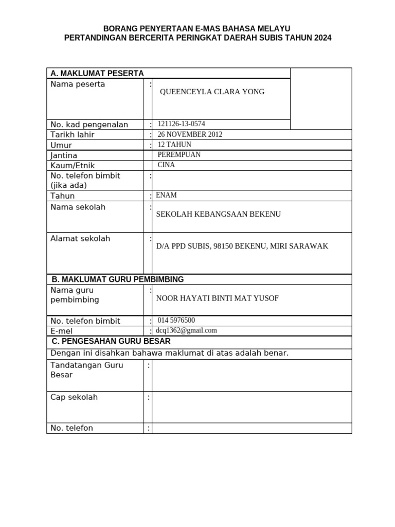 Borang Pendaftaran Bercerita | PDF