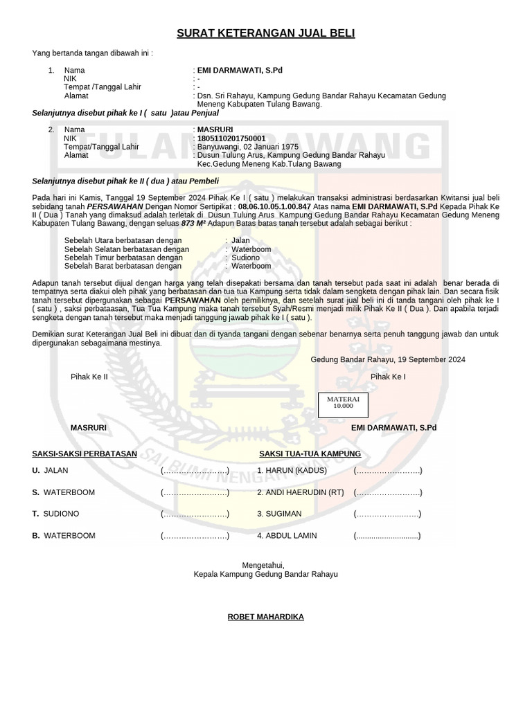 SURAT KETERANGAN JUAL BELI | PDF