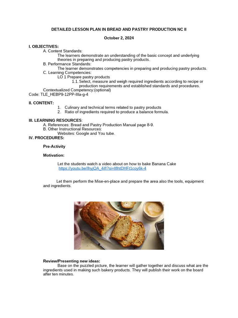 DETAILED LESSON PLAN IN BREAD AND PASTRY PRODUCTION NC I1 October 2 ...