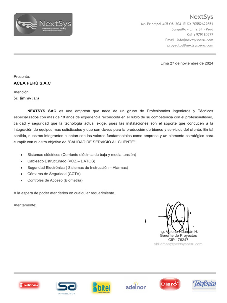 CARTA PRESENTACION NEXTSYS_ACEA PERU | PDF CARTA PRESENTACION NEXTSYS_ACEA PERU | PDF