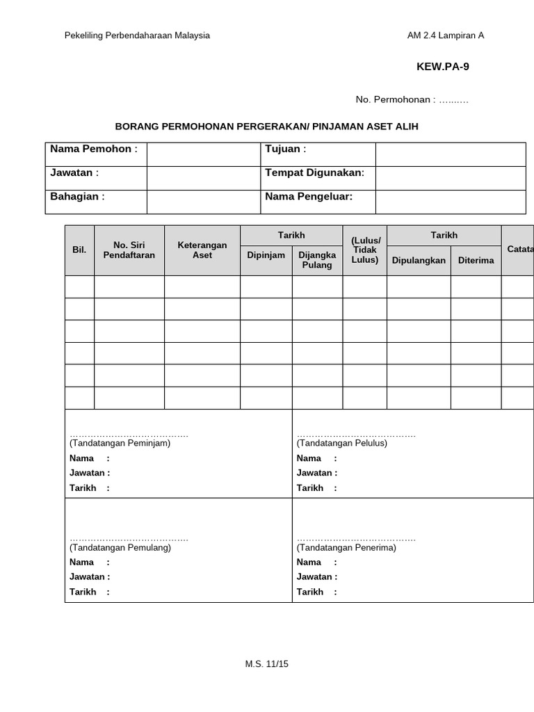 Kew - Pa-9 Borang Permohonan Pergerakan Pinjaman Aset Alih | PDF