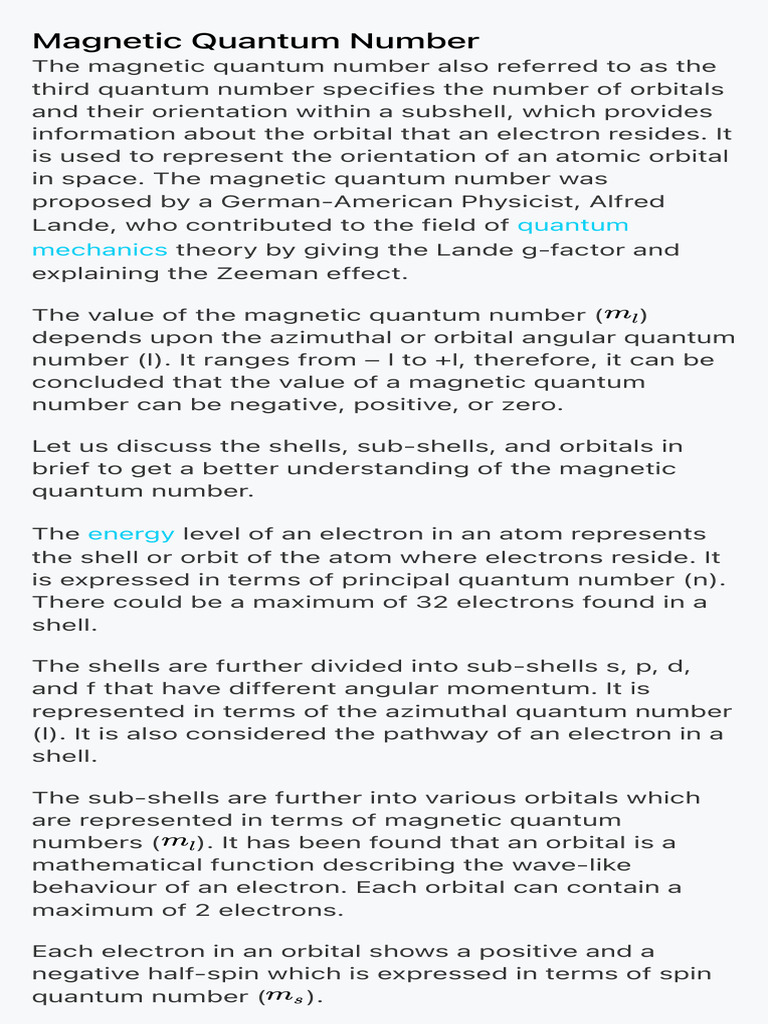 Magnetic Quantum Number Learn Definition, Formula, Applications | PDF