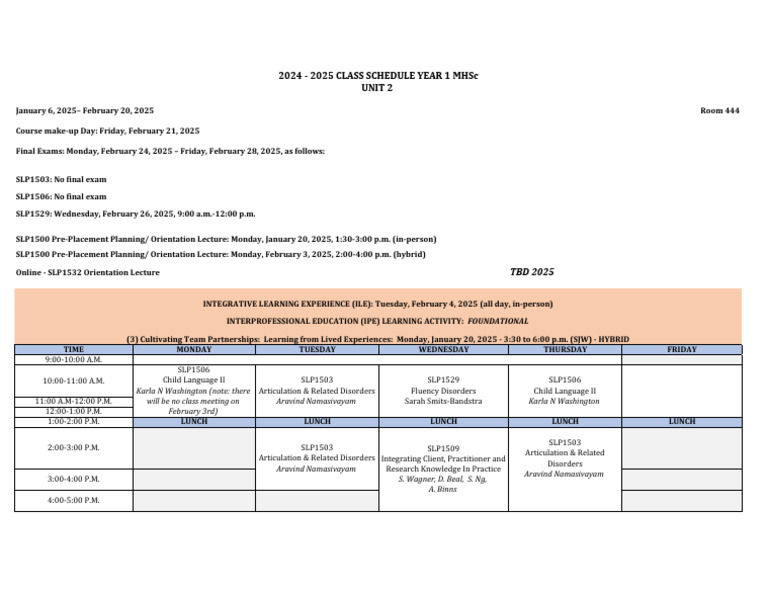 Year 1 MHSc Class Schedule 2025 | PDF