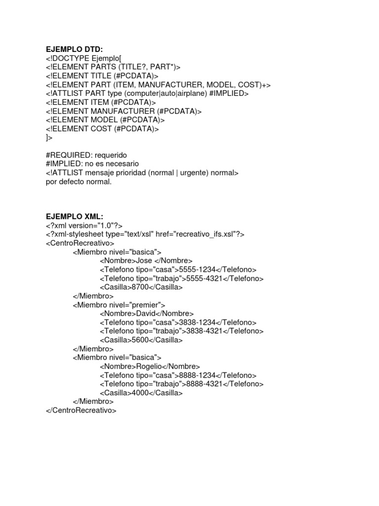 Ejemplos de DTD, XML y XSL para Centro Recreativo | PDF | Consorcio ...
