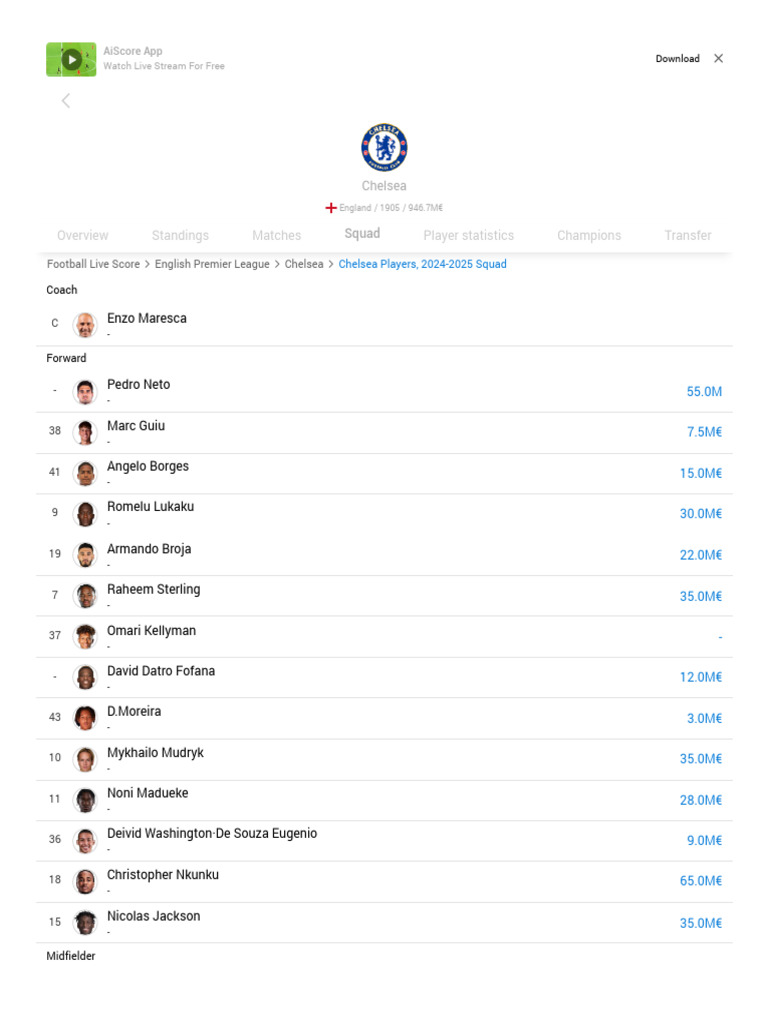 Chelsea Players, 2024-2025 Squad - AiScore | PDF | Premier League ...