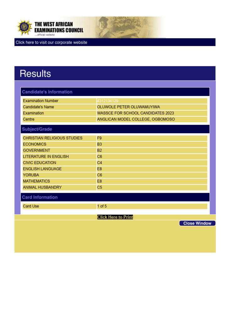 Waecdirect Online - Results | PDF