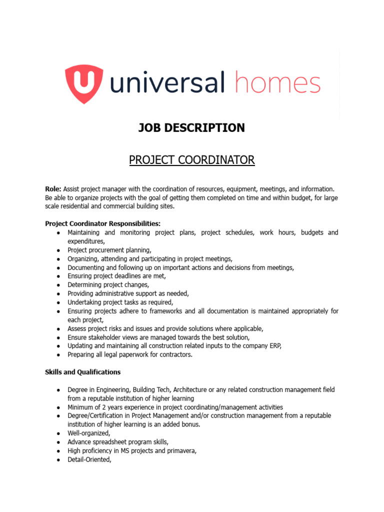 JD-Project Coordinator (1) | PDF | Construction Management | Project Management
