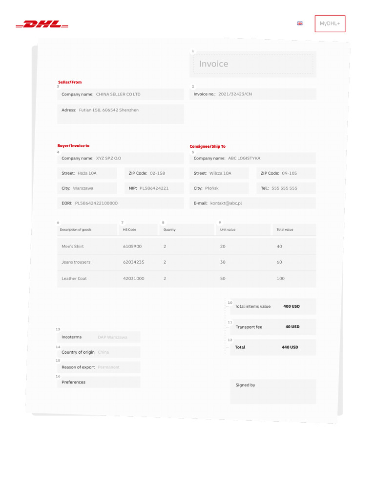 Invoice Format DHL | PDF