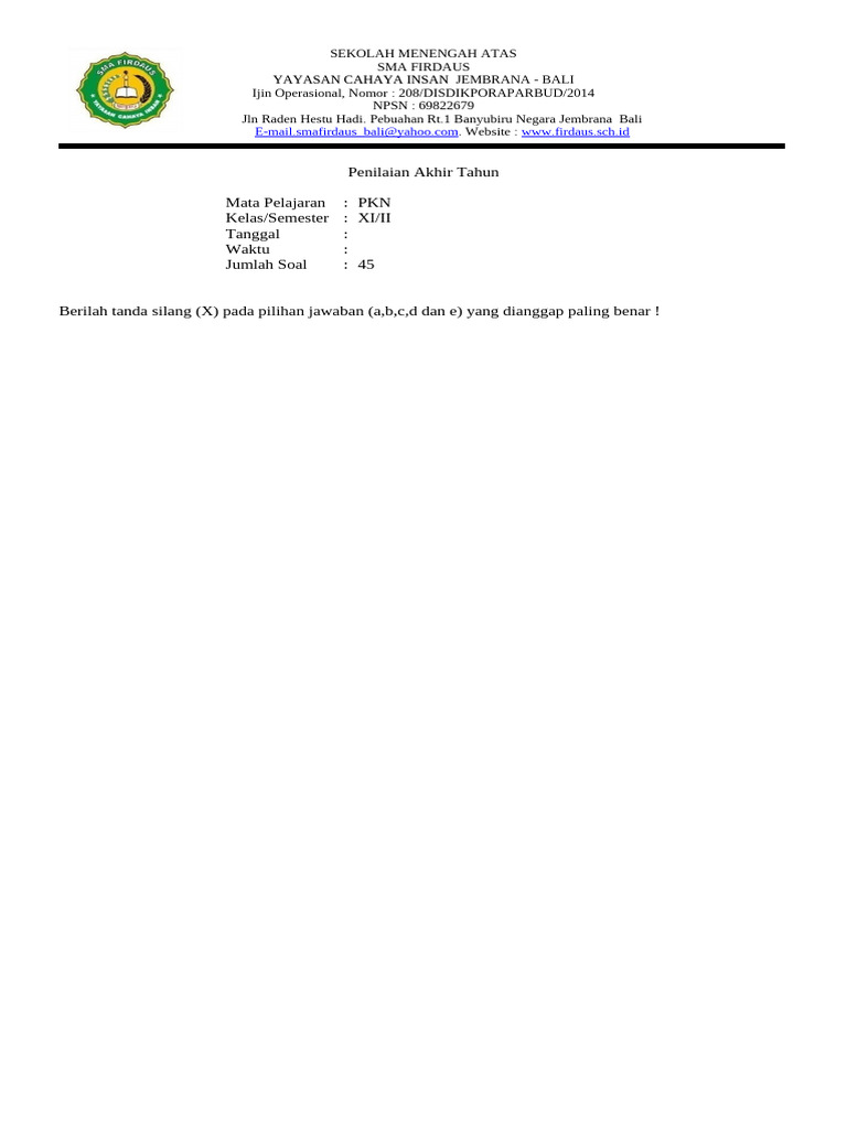 SOAL PAT PKN KLS XI FINIS 2023-2024 | PDF