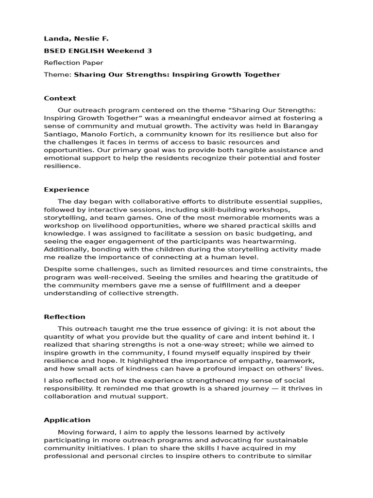 Outreach Reflection | PDF | Psychological Resilience | Community
