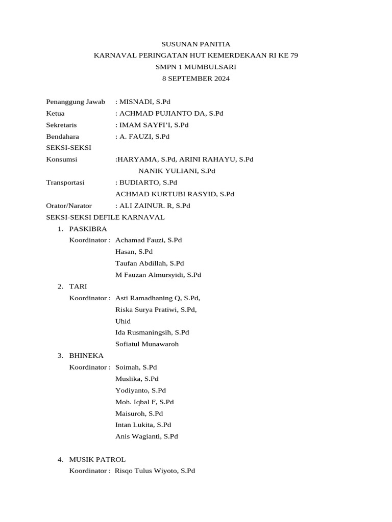 SUSUNAN PANITIA KARNAVAL 2024 | PDF