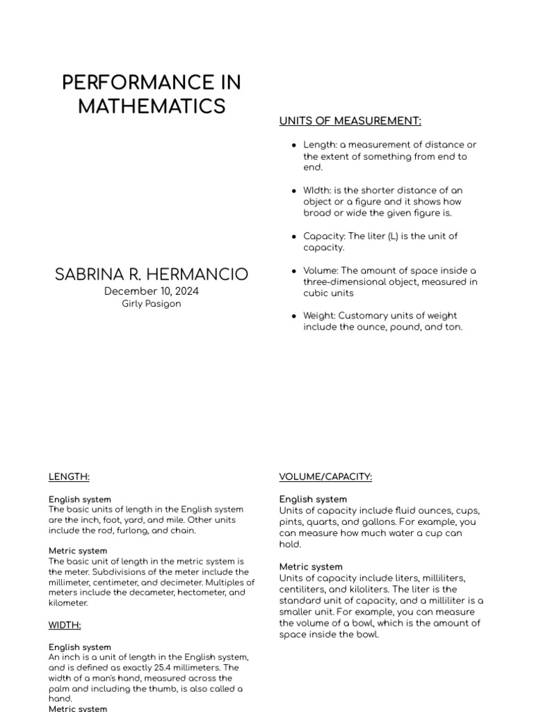 Performance in Mathematics | PDF | Volume | Pound (Mass)
