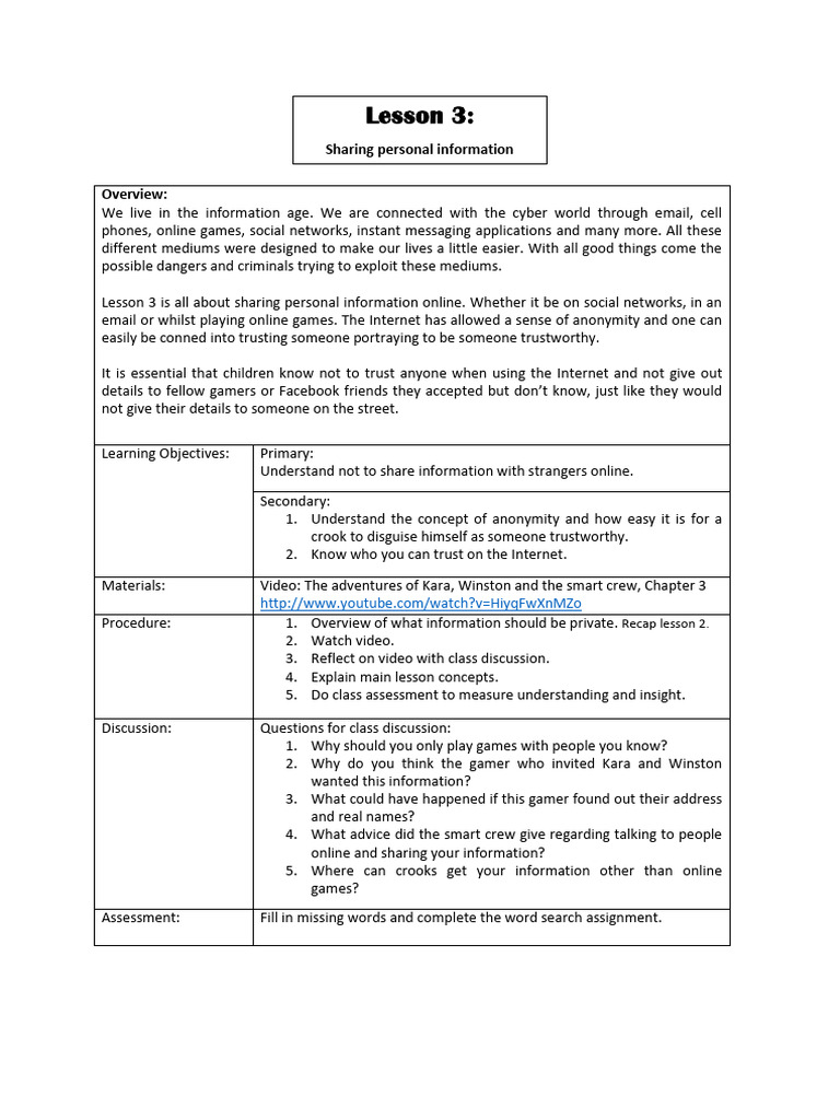 Lesson 3 - Sharing Personal Information | PDF | Information | Internet