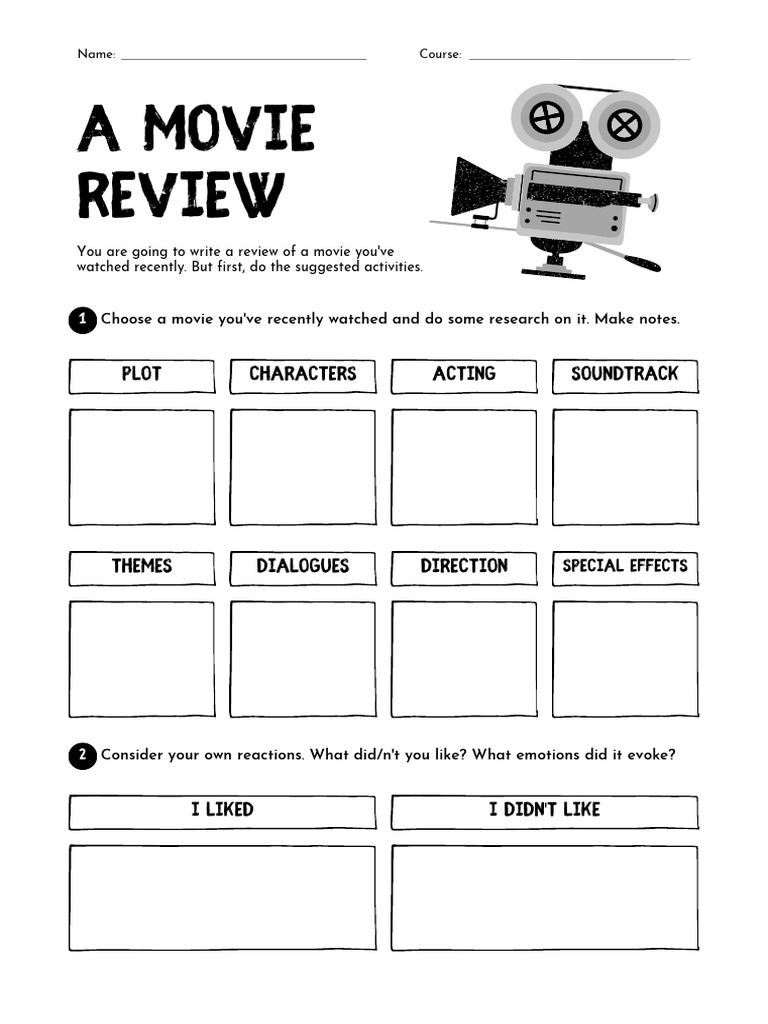 Black & White Sketchy Writing A Movie Review Worksheet | PDF